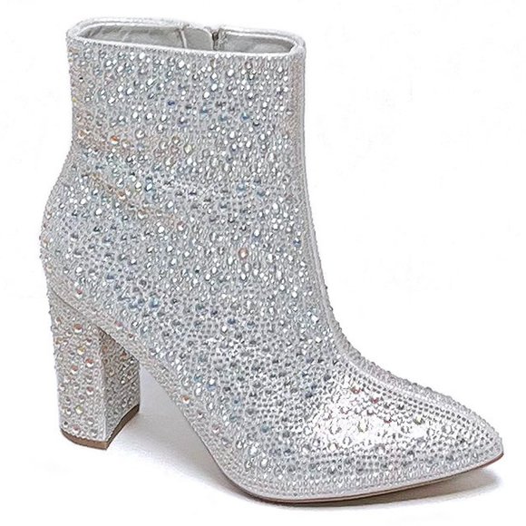 Shoes | New Silver Blingy Rhinestone Pointed Toe Chunky Heel Ankle ...